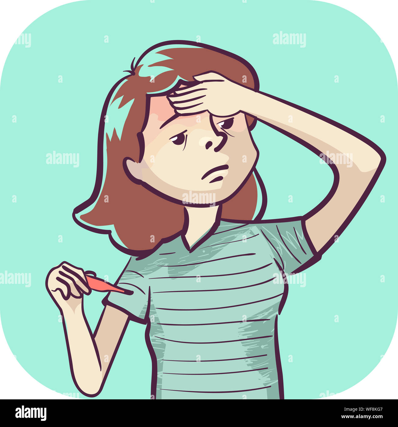 Illustration of a Girl Holding Thermometer and Feeling Her Forehead ...