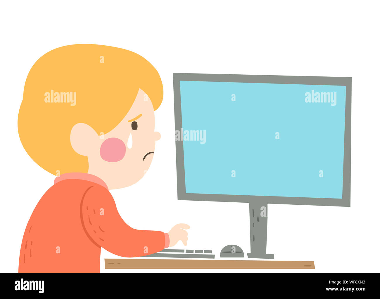 Illustration of a Crying and Distressed Kid Boy Using the Computer to ...