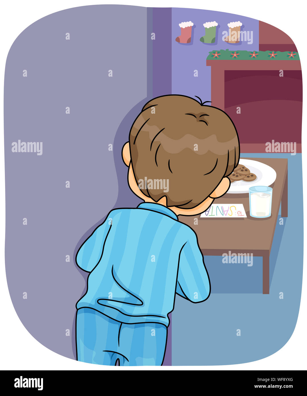 Illustration of a Kid Boy Peeking From Behind a Wall, Waiting for Santa ...