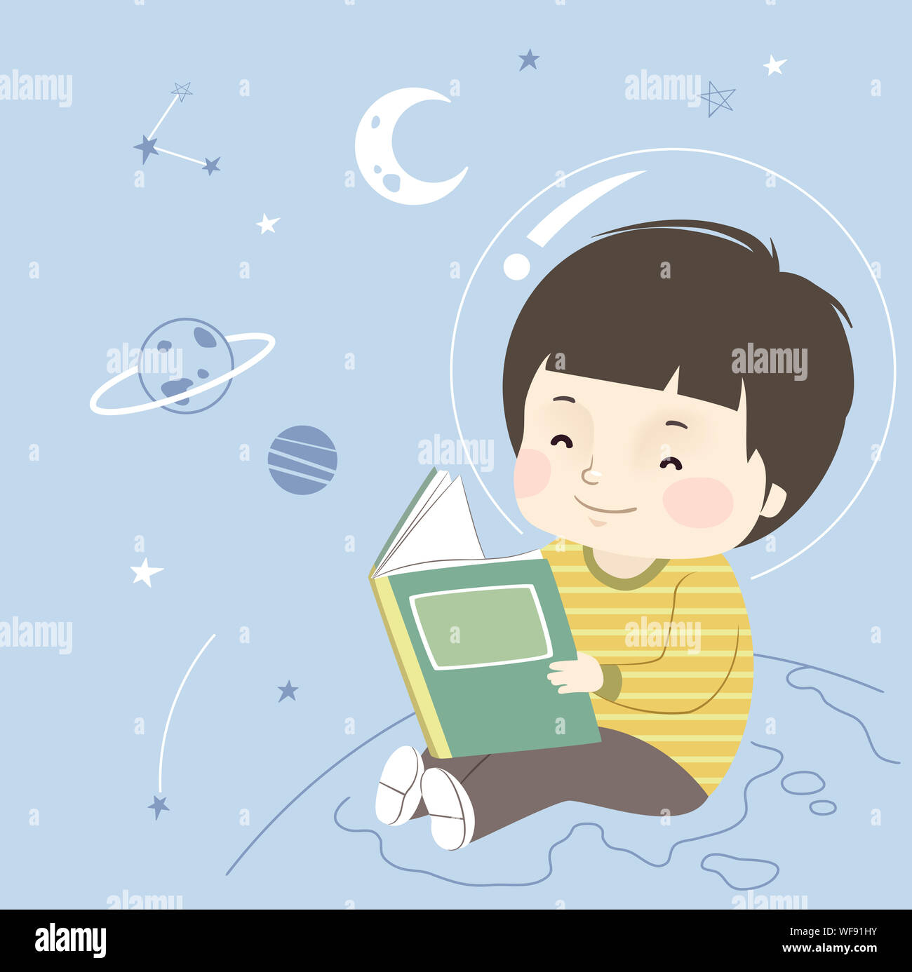 Illustration of a Kid Boy Reading a Book with Outer Space Doodle Stock ...