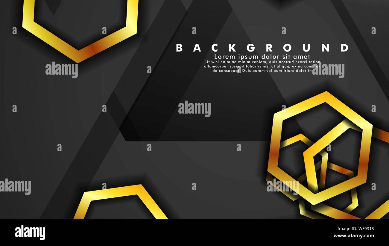 Vector background design that overlaps with hexagon gold color gradients on black space for text ...