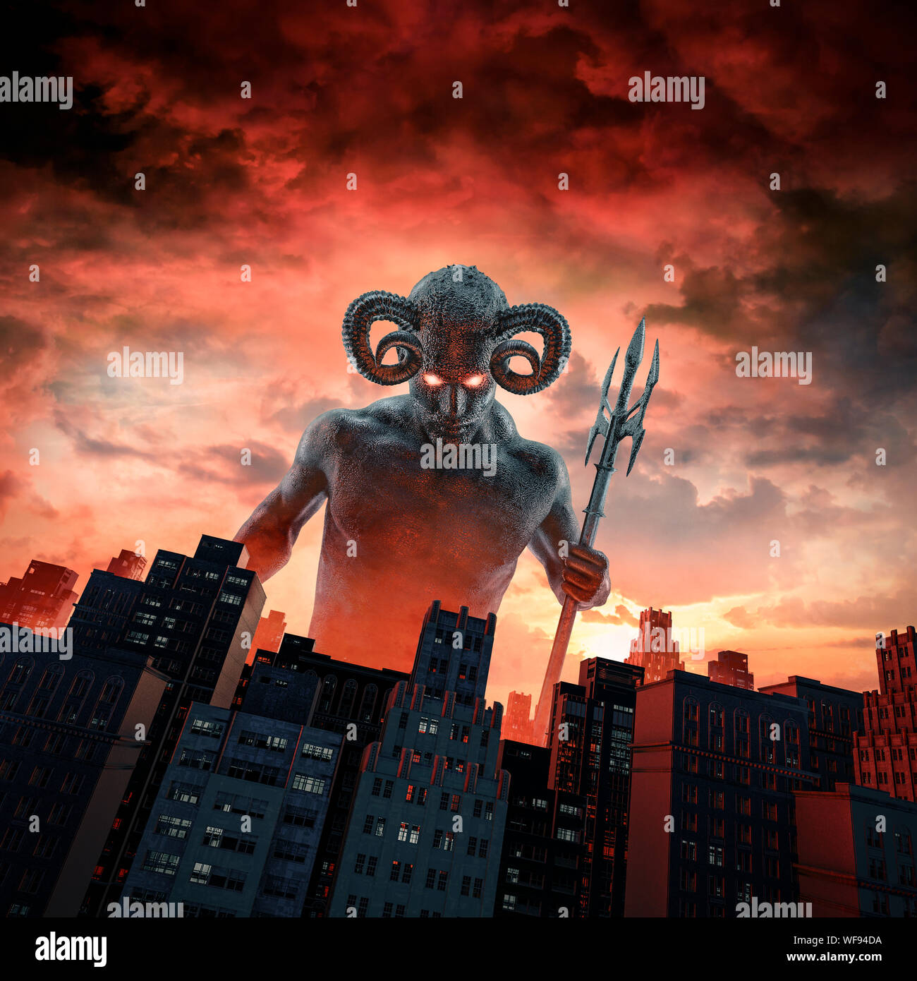 Demon and the city / 3D illustration of horned devil with trident ...