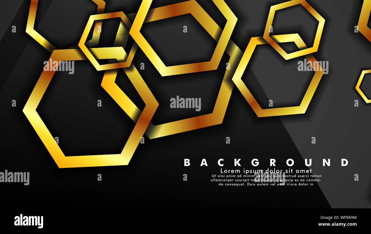 Vector background design that overlaps with hexagon gold color gradients on black space for text ...