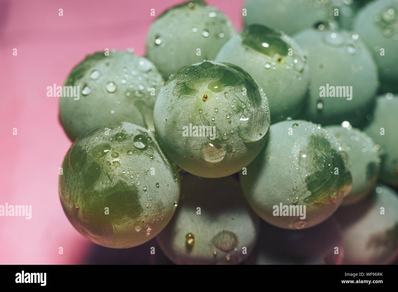 Close up beautiful fresh green vine grapes bunch background and pink ...