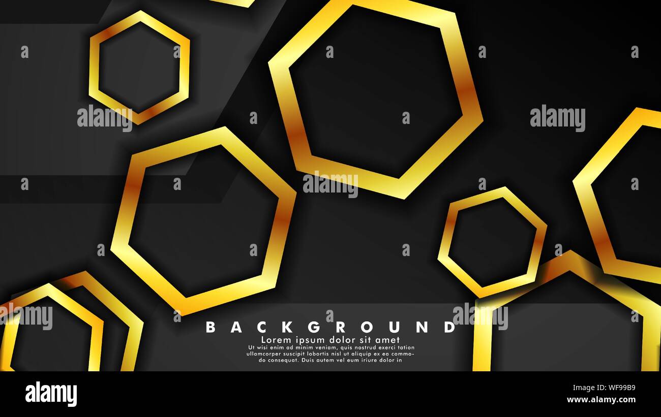 Vector background design that overlaps with hexagon gold color gradients on black space for text ...
