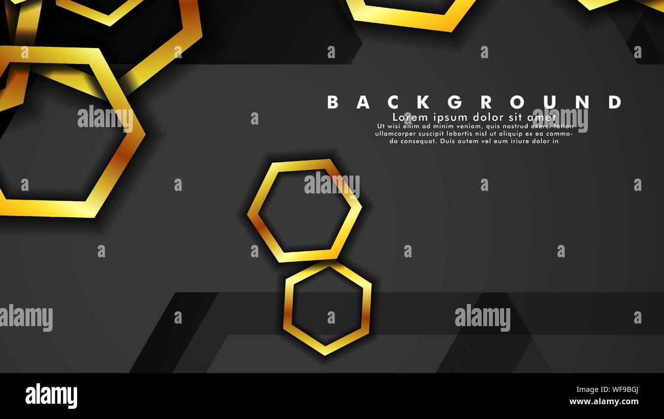 Vector background design that overlaps with hexagon gold color gradients on black space for text ...