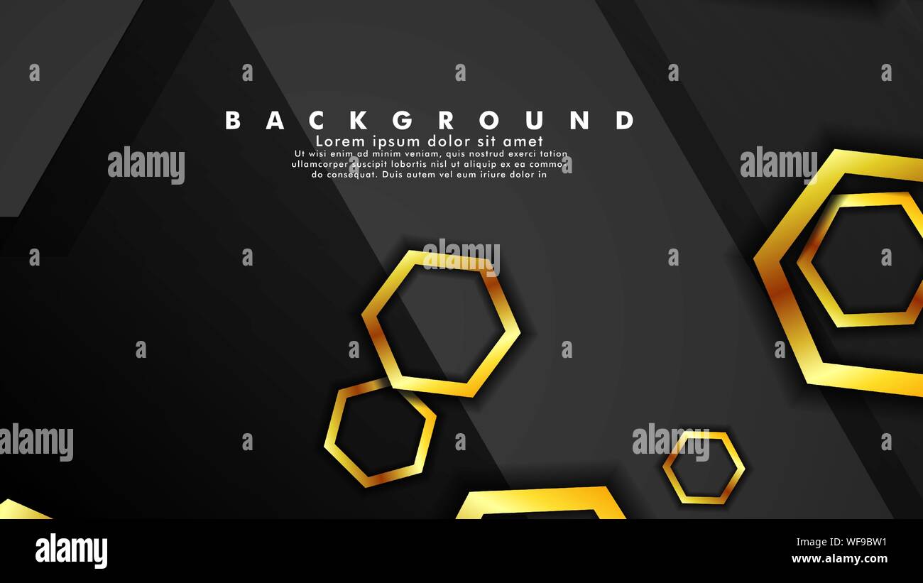 Vector background design that overlaps with hexagon gold color gradients on black space for text ...