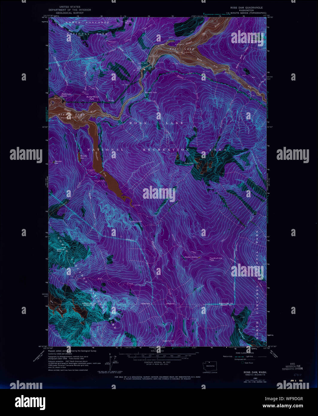 USGS Topo Map Washington State WA Ross Dam 243525 1963 24000 Inverted ...