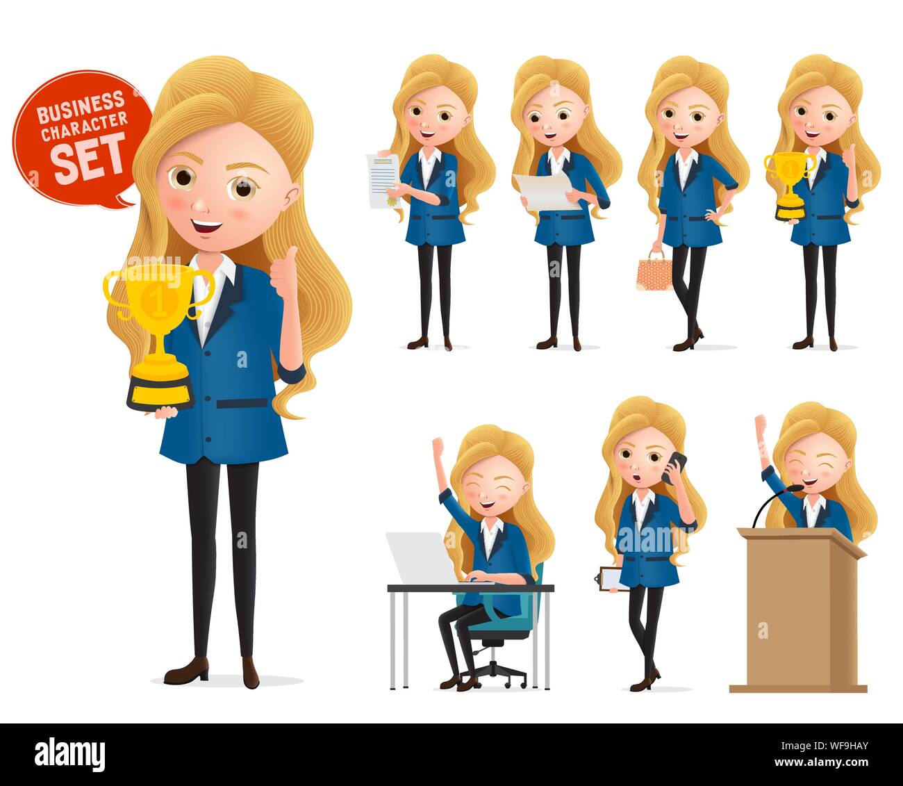 Business woman winning trophy characters vector set. Business manager ...