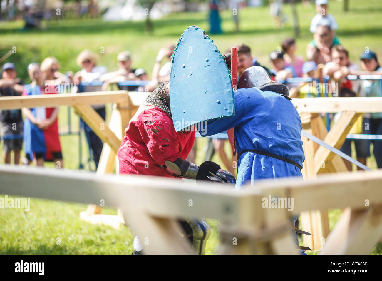 GRODNO, BELARUS - JUNE 2019: medieval jousting knight fight, in armor ...