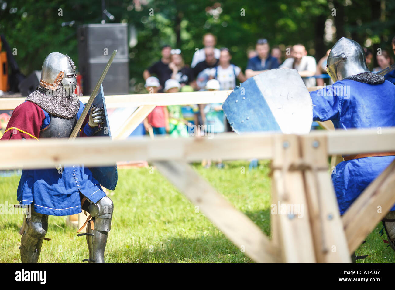 GRODNO, BELARUS - JUNE 2019: medieval jousting knight fight, in armor ...