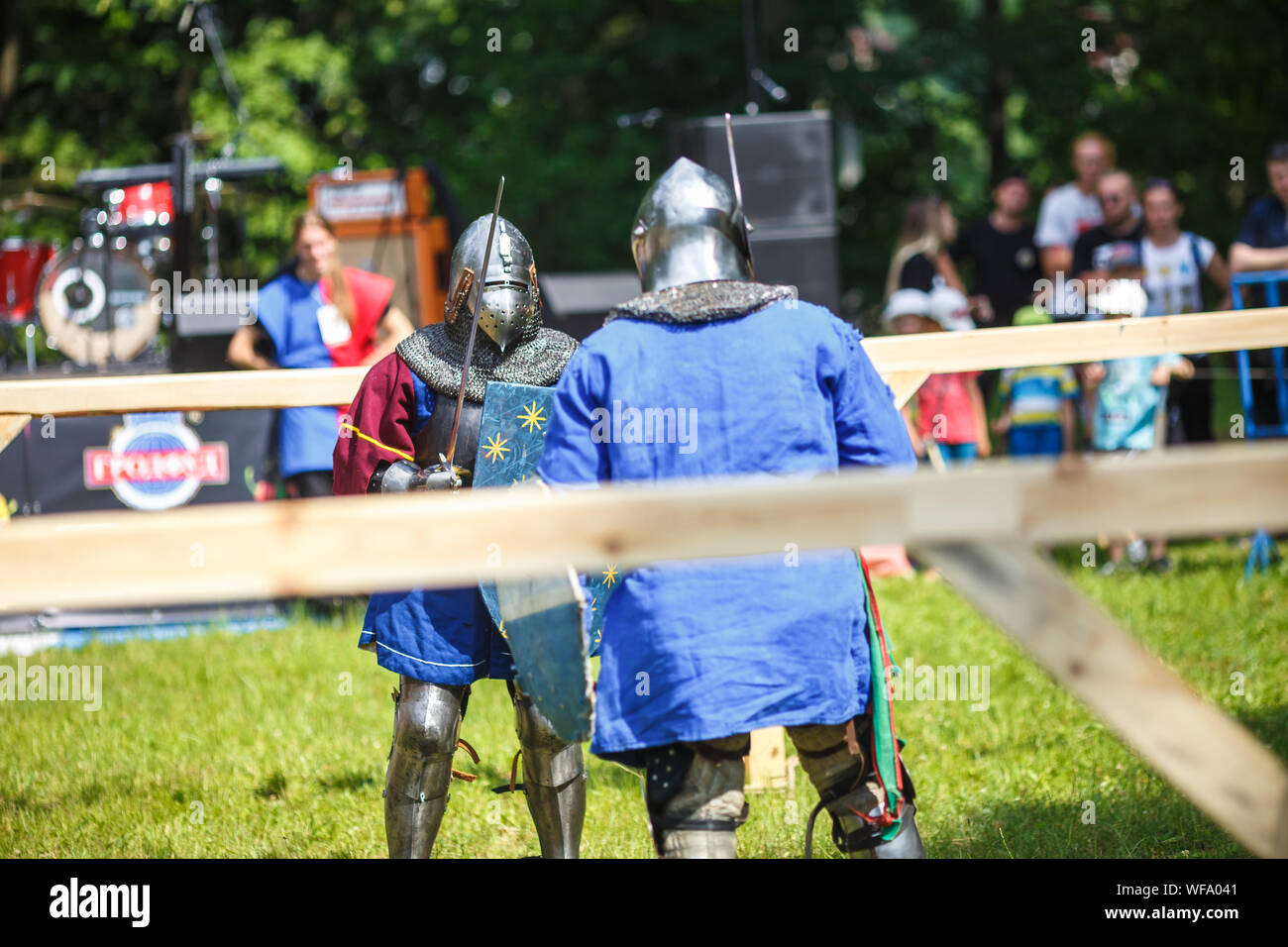 GRODNO, BELARUS - JUNE 2019: medieval jousting knight fight, in armor ...