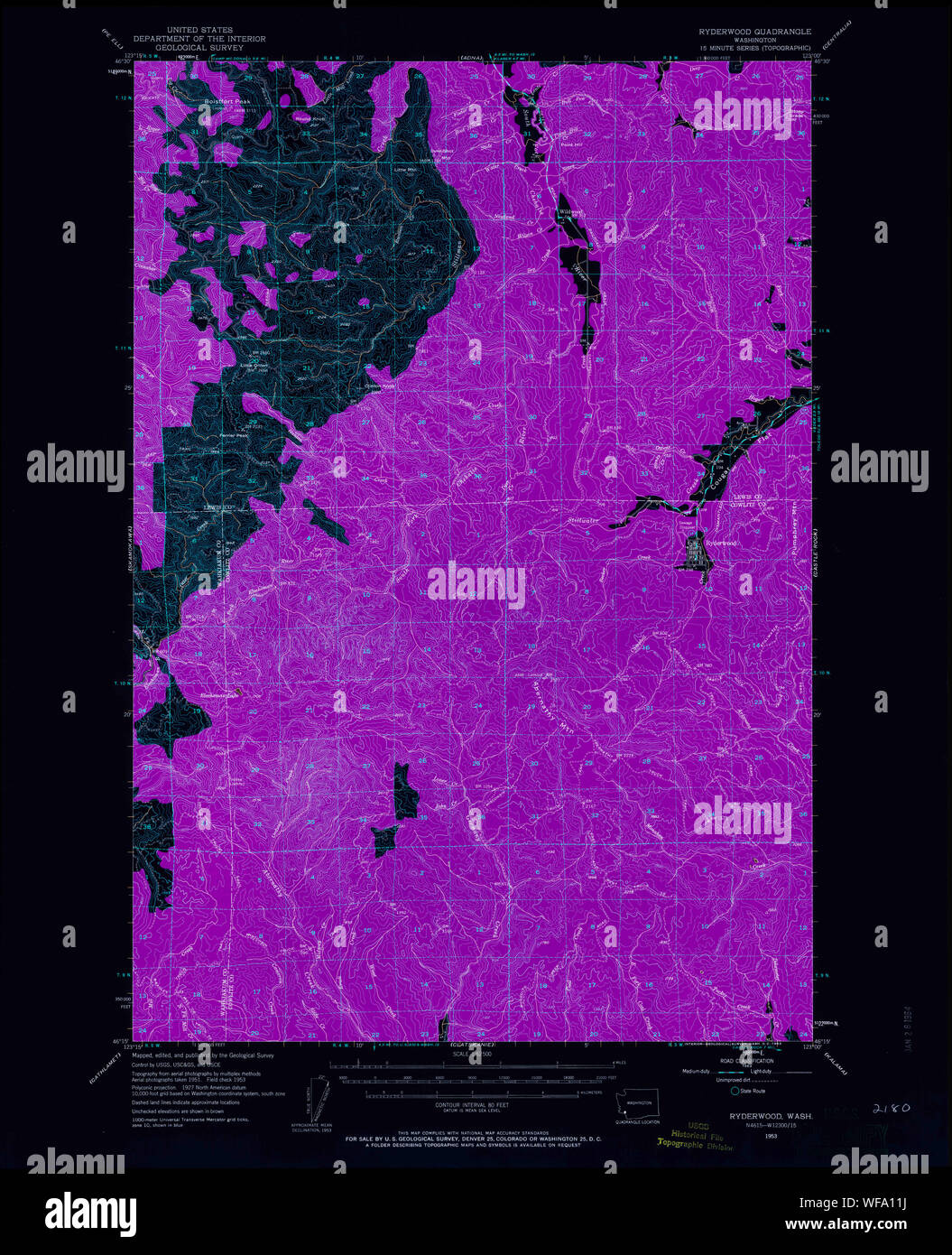 USGS Topo Map Washington State WA Ryderwood 243541 1953 62500 Inverted ...