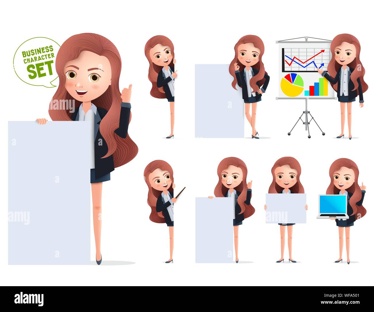 Business woman in whiteboard presentation character vector set ...