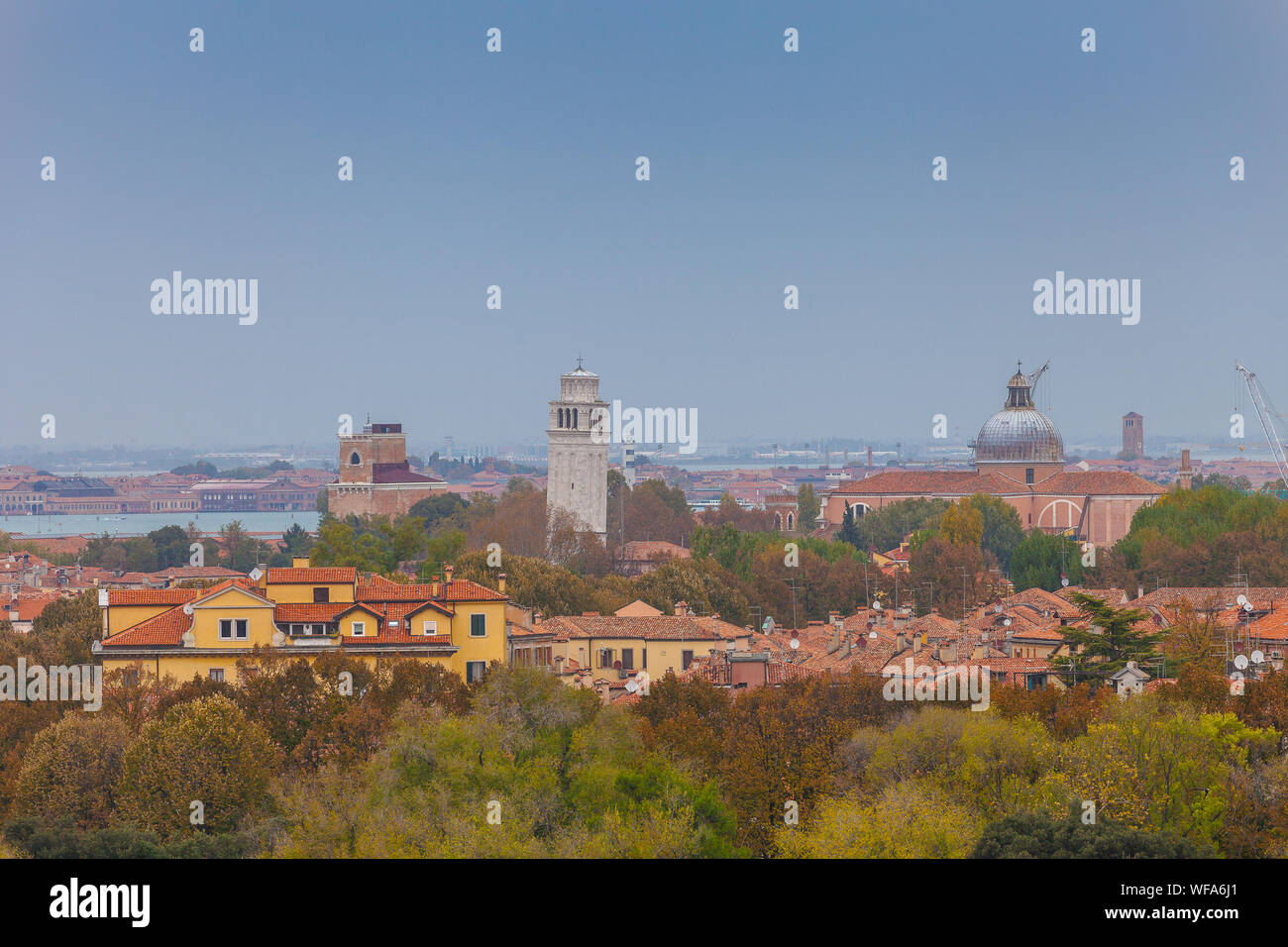 Autumn-colored trees with roofs and churchs background, Venice Stock ...