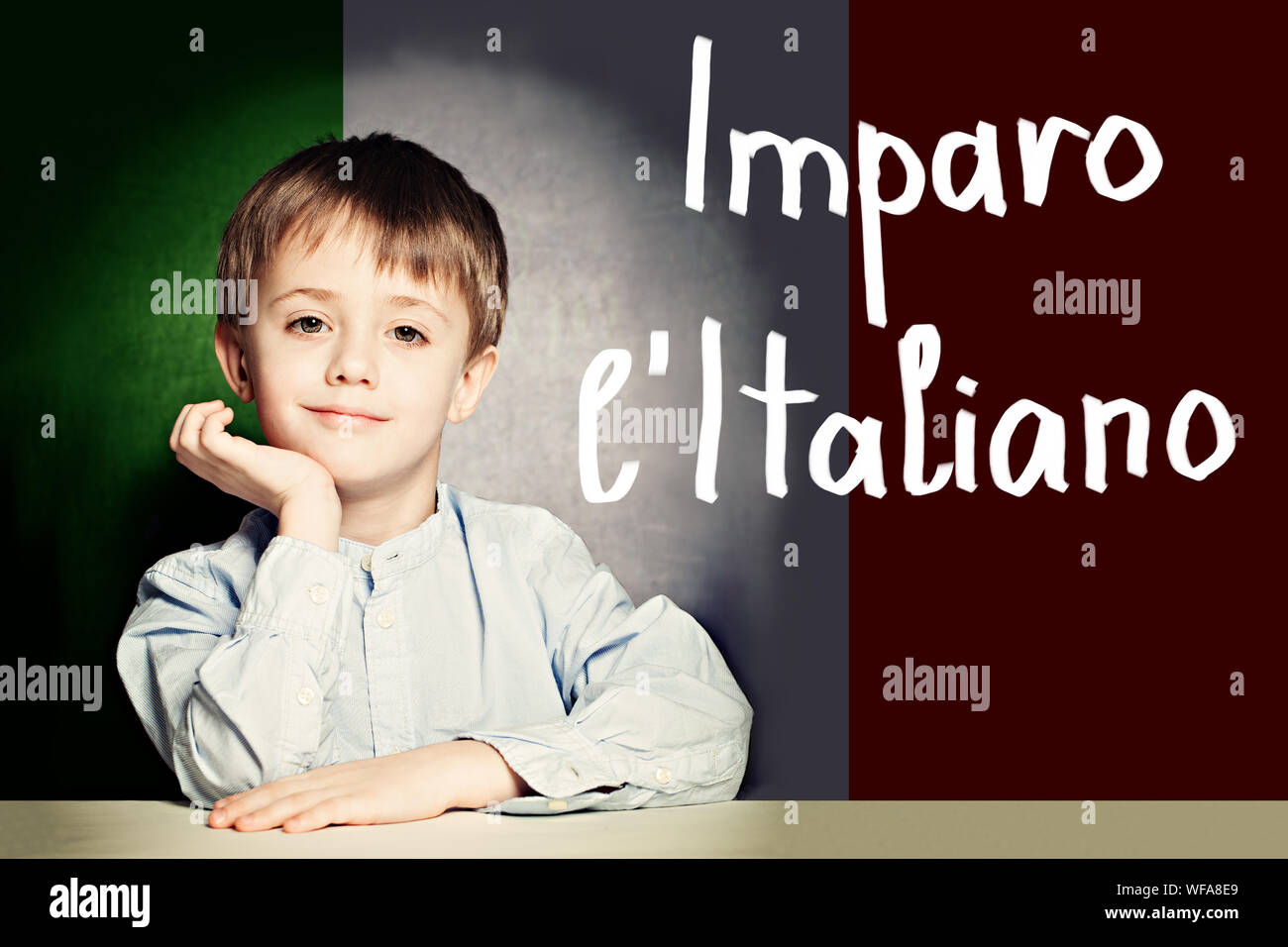 Thinking child boy student against the Italy flag background. Italian ...