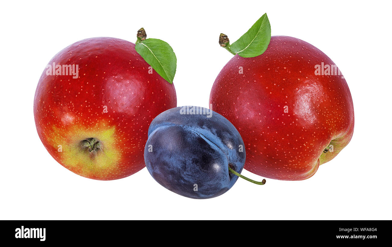Apple and plum on a white background Stock Photo - Alamy