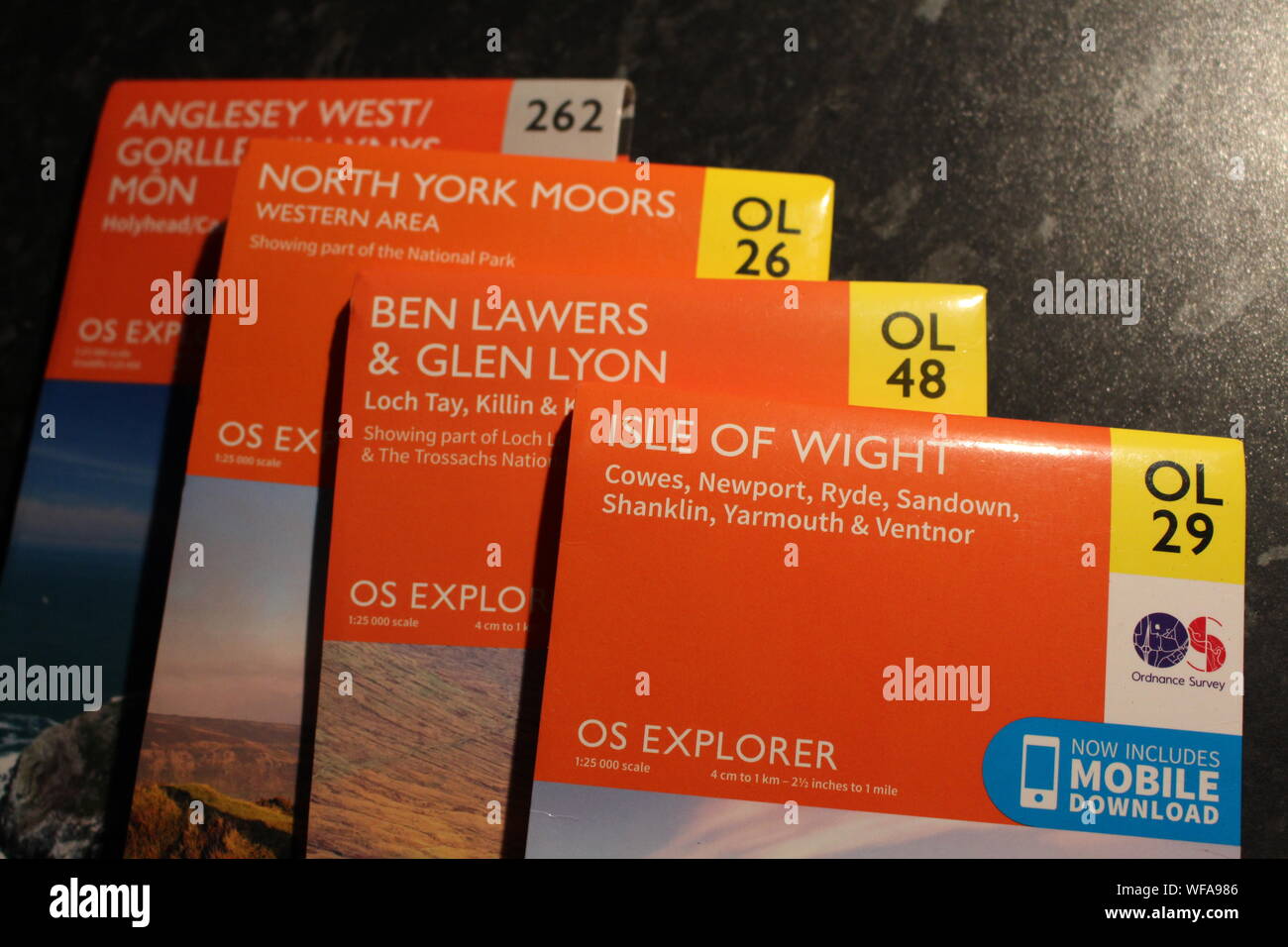 Collection of new style Ordnance Survey OS Explorer maps Stock Photo ...