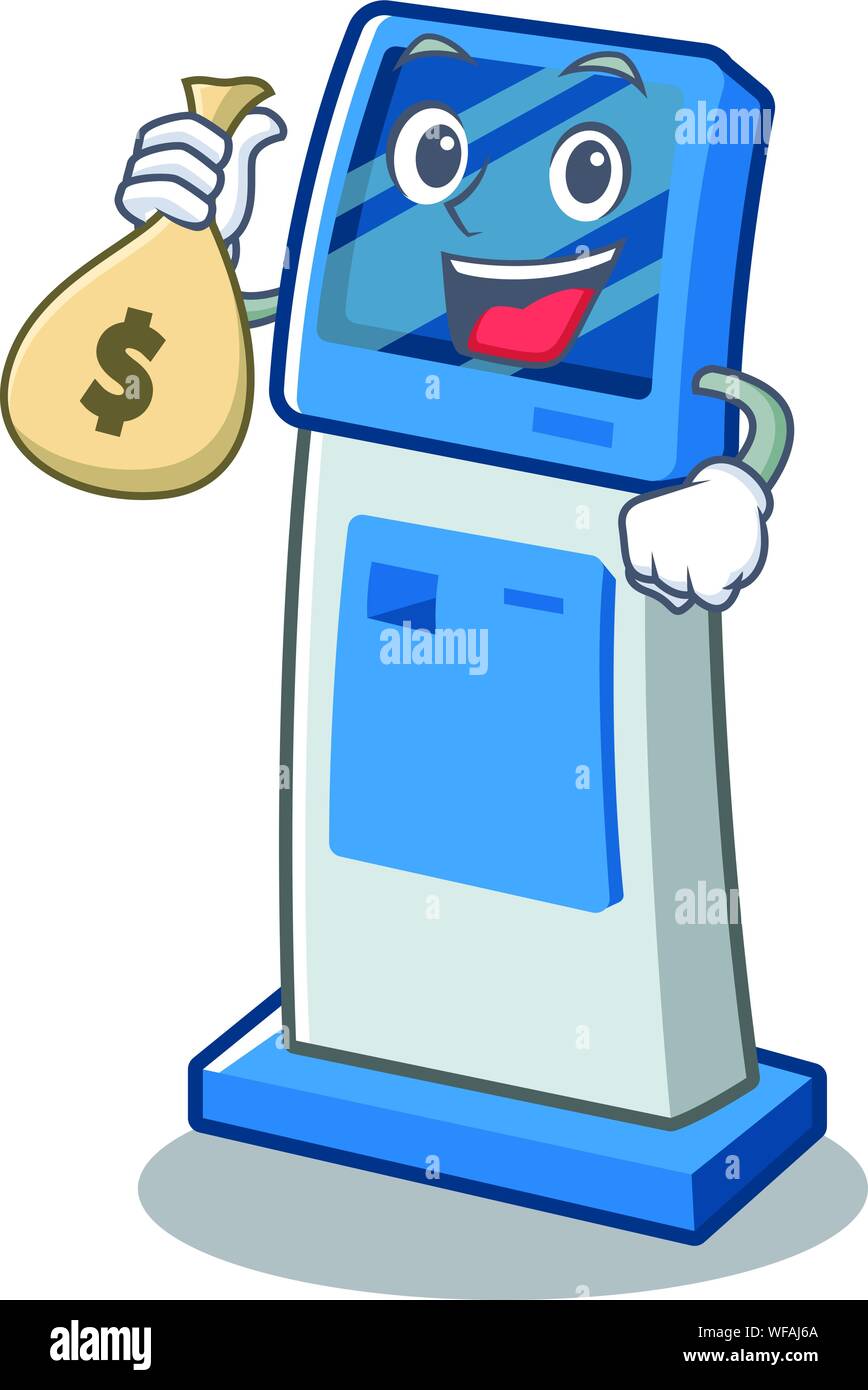 With money bag digital information cartoon kiosk above mascot table ...