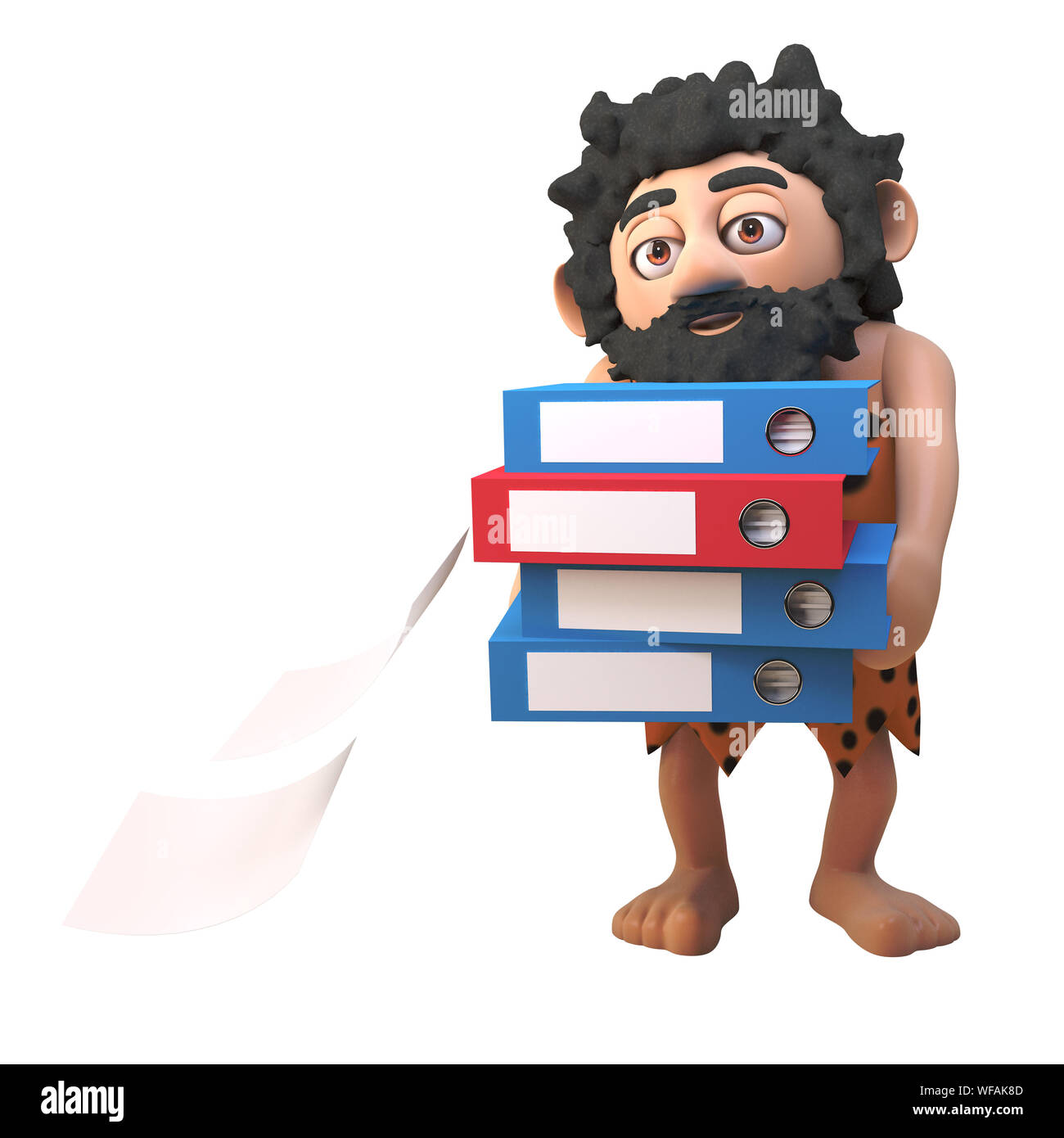3d bearded caveman character clumsily drops some files from the folders ...