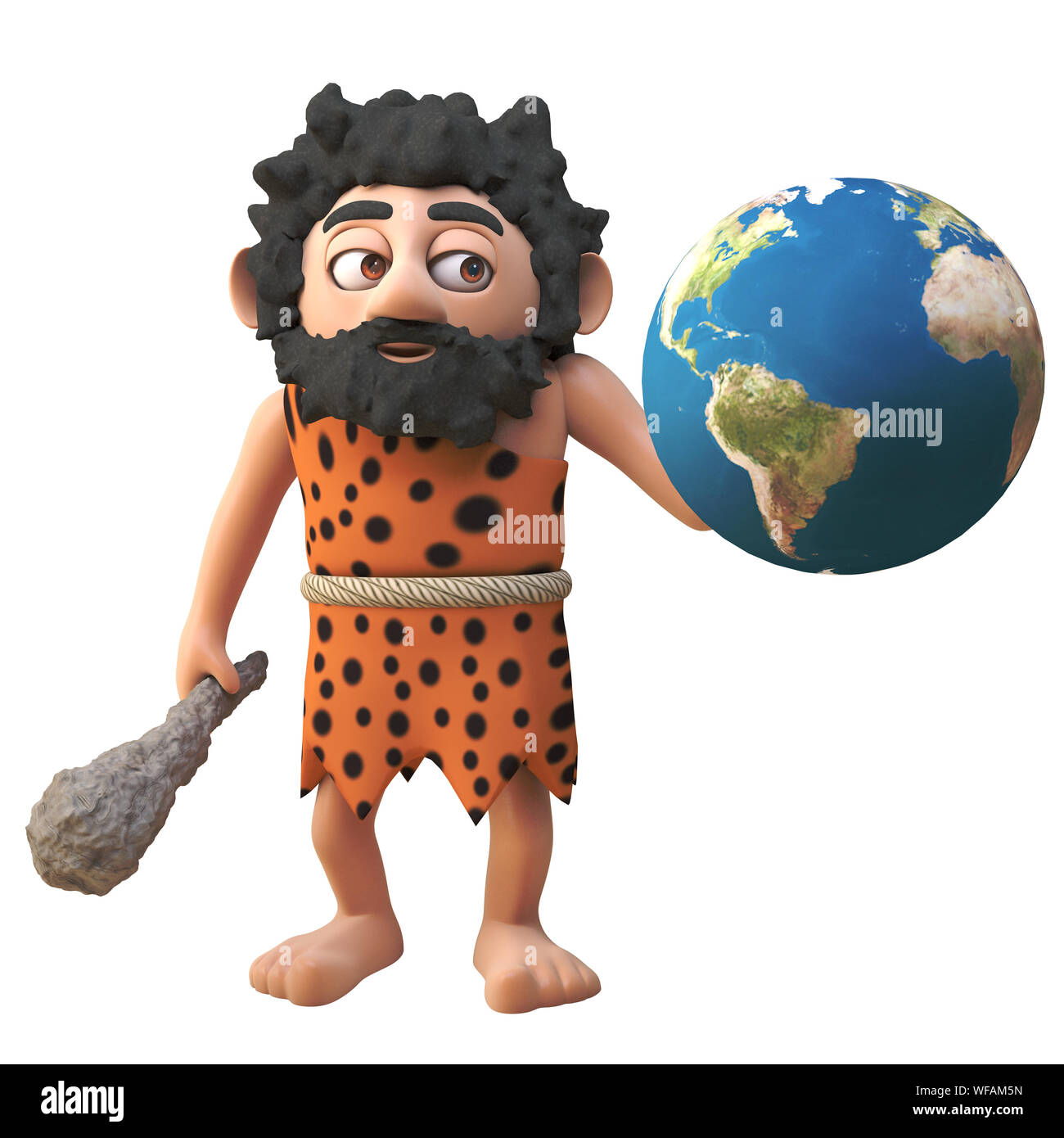 3d bearded cartoon caveman charater holding a club and a globe of the ...