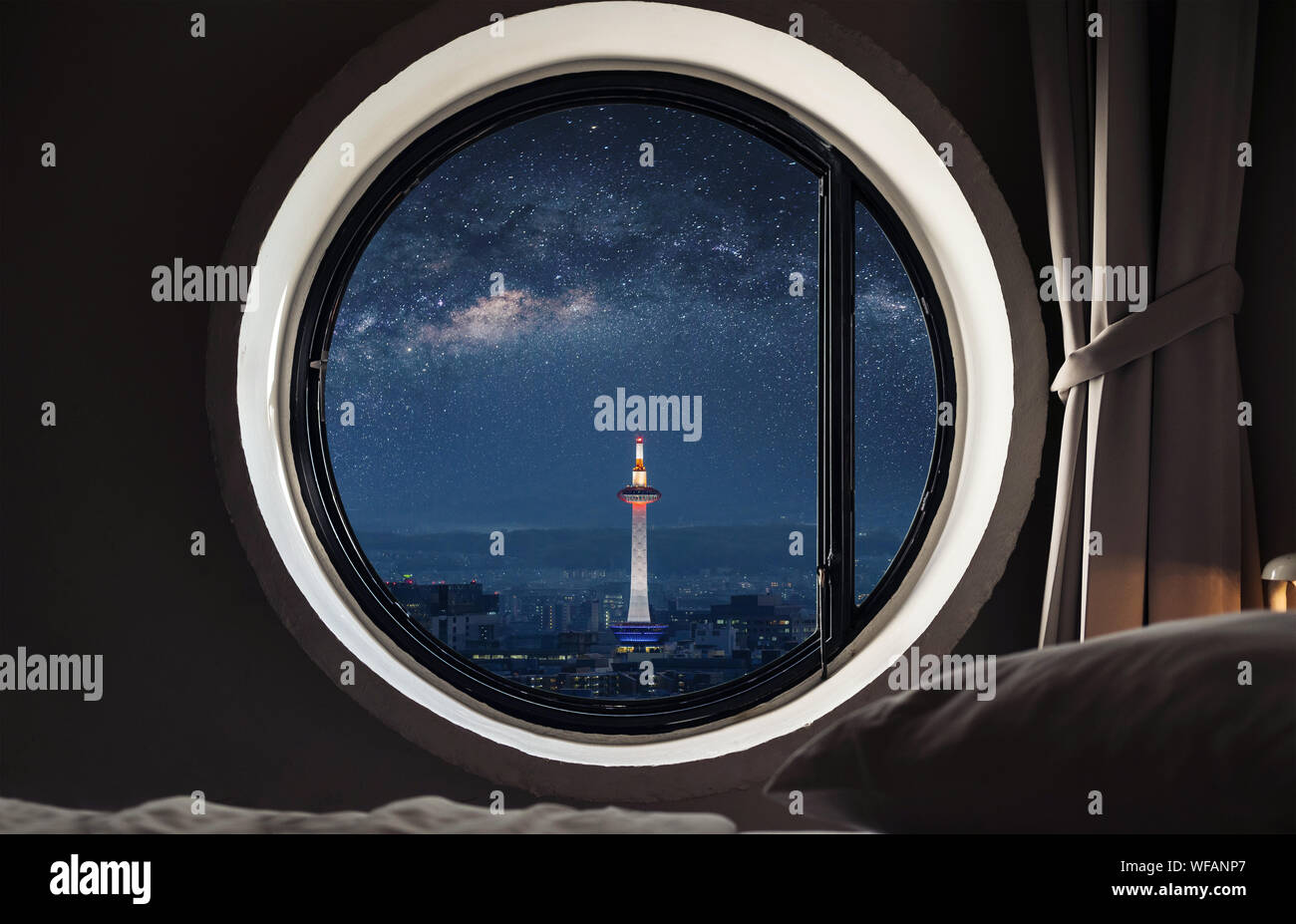 Looking through window, Kyoto city view with starry sky at night Stock ...