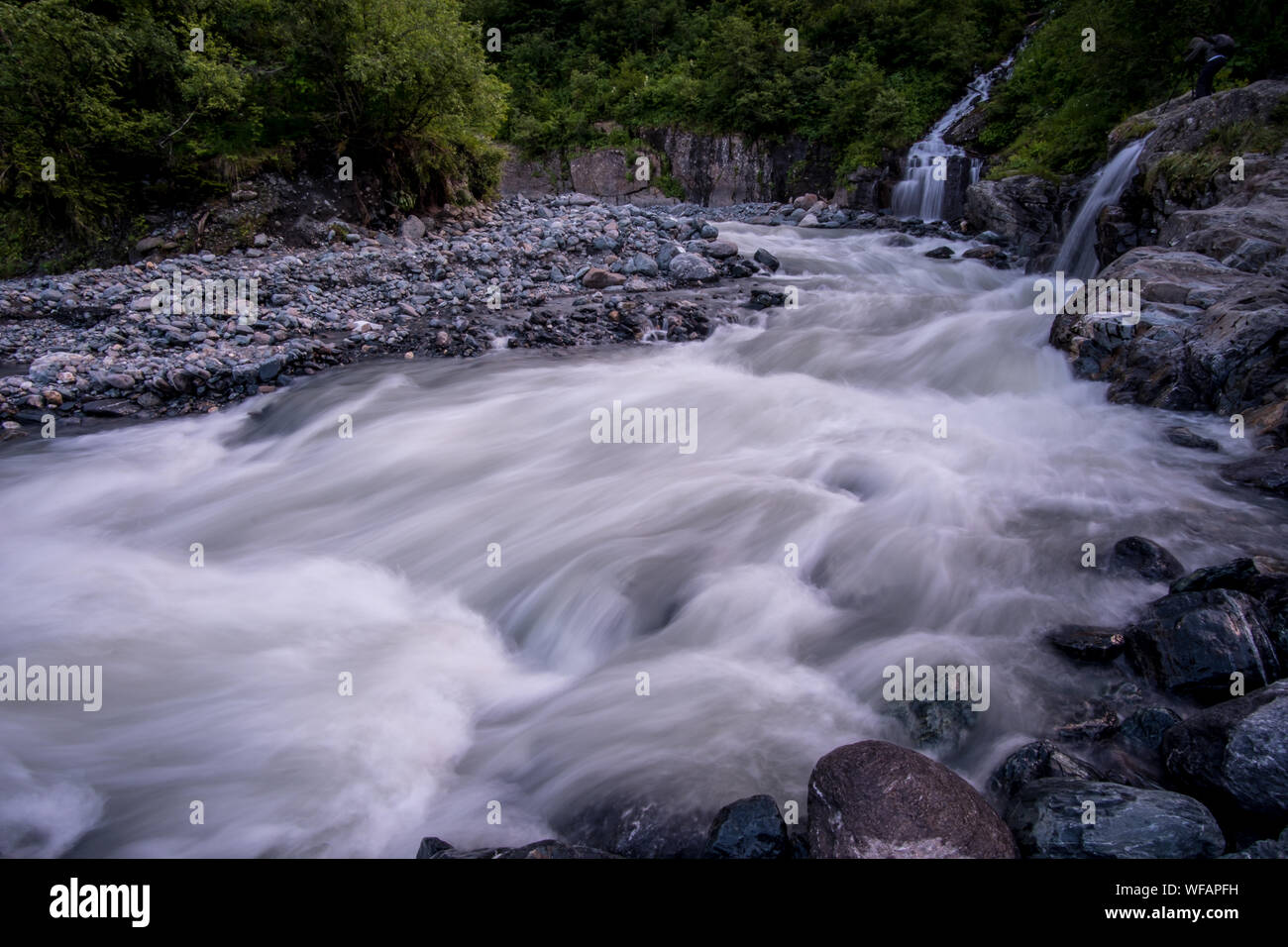 rushing blue river in a mountain forest. Mountain landscape. North ...