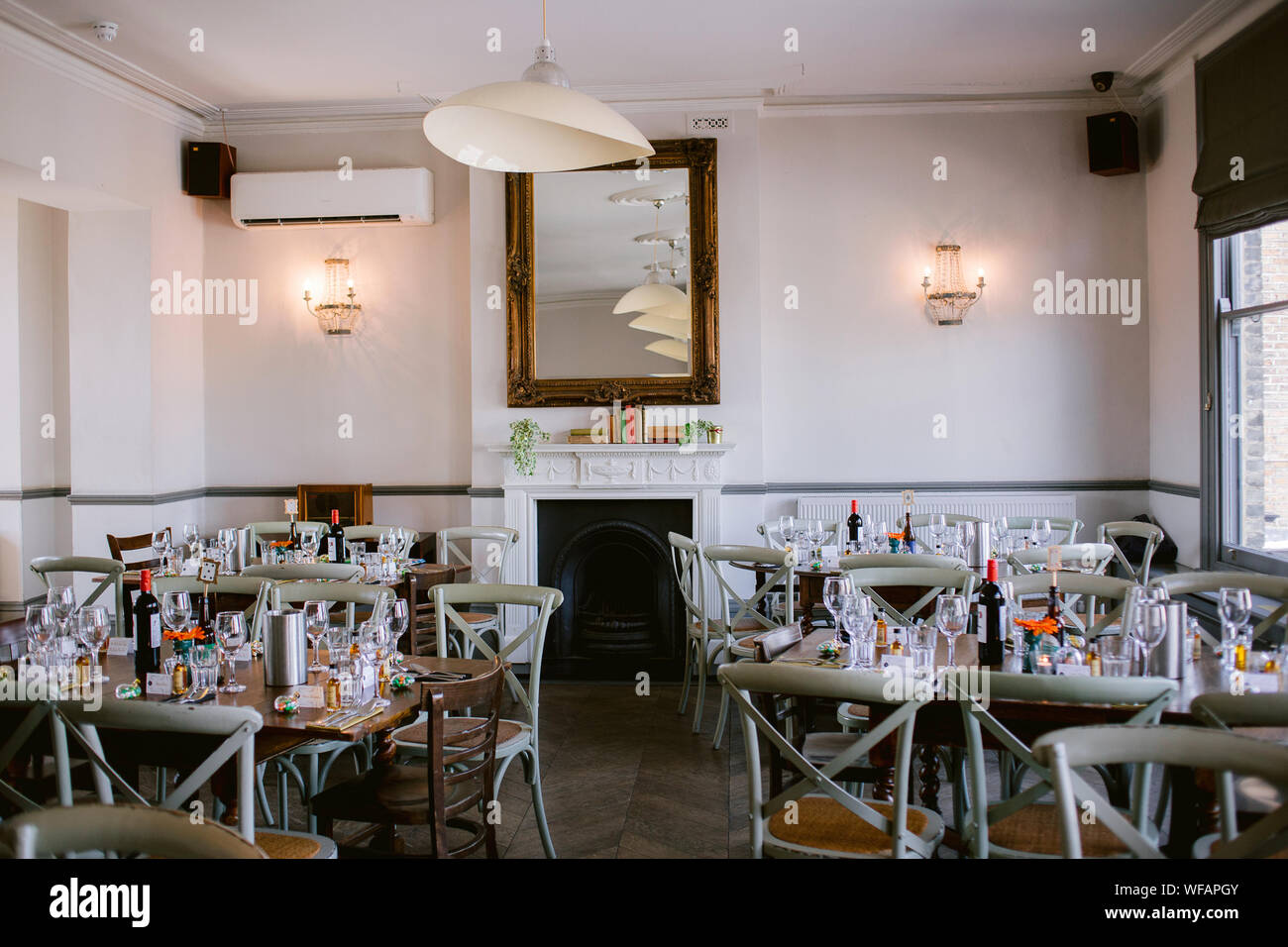 London Pub function room set up for a wedding reception Stock Photo - Alamy
