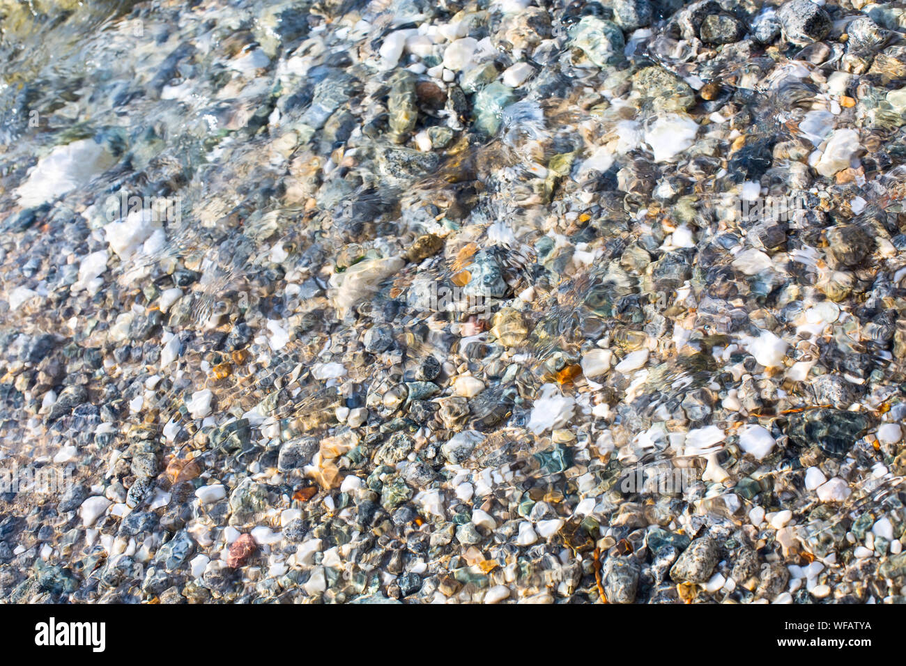 Beach summer texture background with small stones under water waves ...