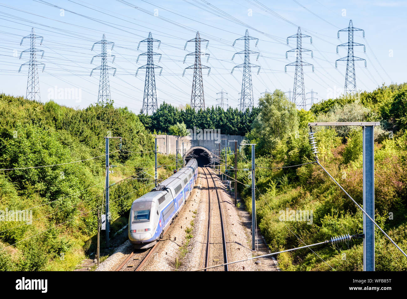 A double-decker TGV Duplex high-speed train in Atlantic livery is ...