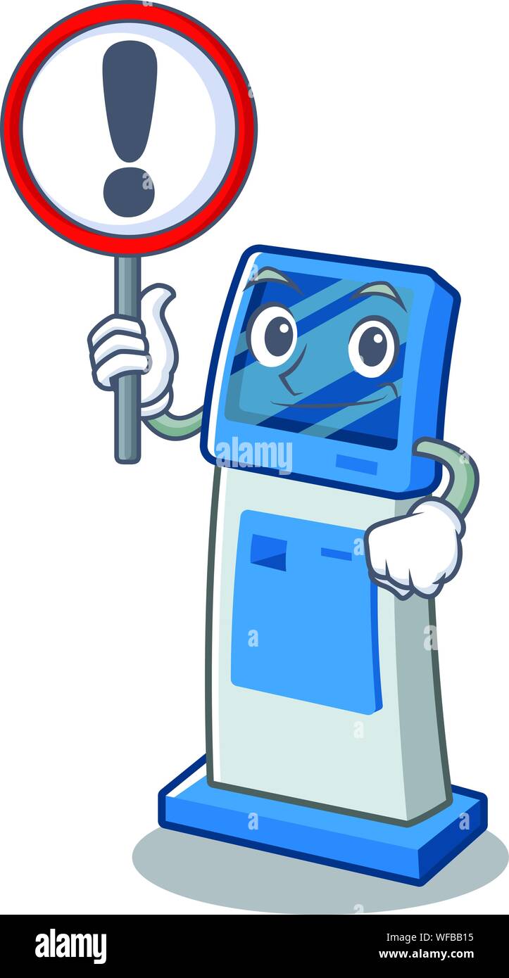 With sign digital information cartoon kiosk above mascot table Stock ...