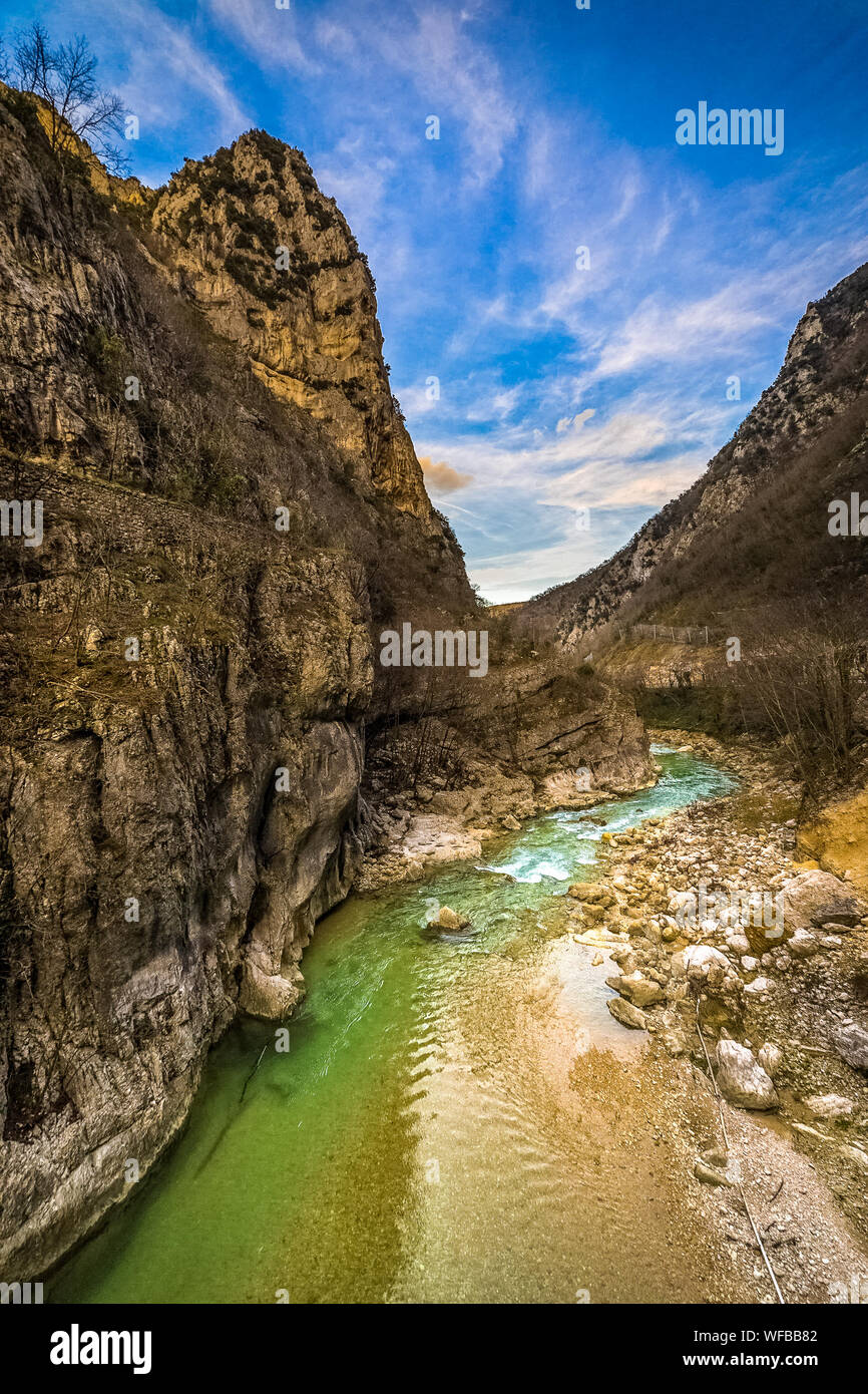 River running through a mountain gorge, Furlo Pass, Marche, Italy Stock ...
