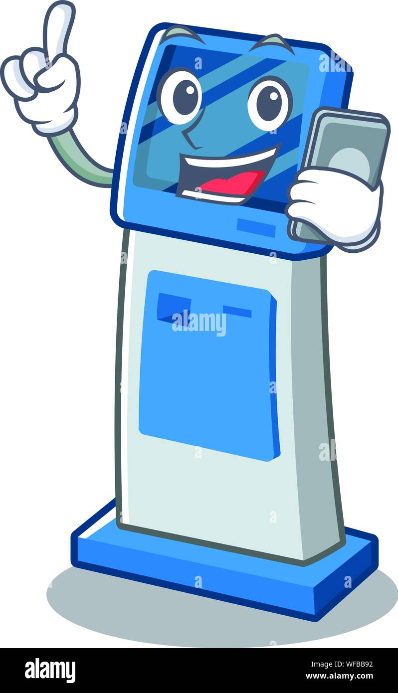 With phone digital information cartoon kiosk above mascot table Stock Vector Image & Art - Alamy