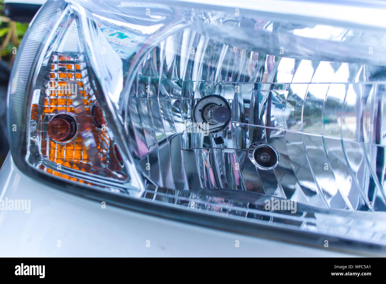 closeup view at modern car headlight. Front view High resolution image ...
