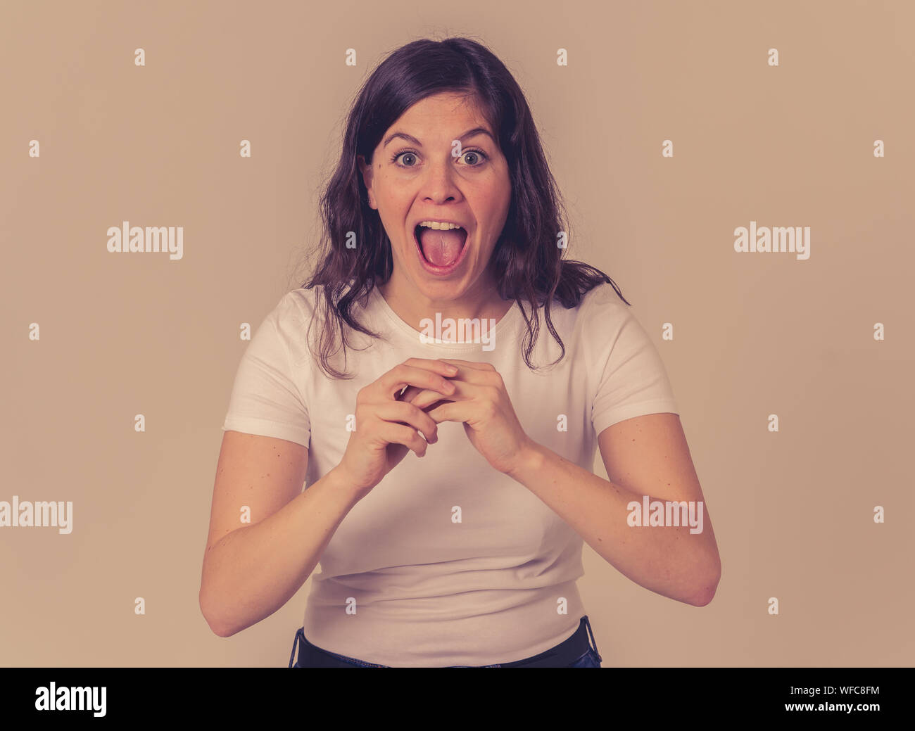 Human emotions and expressions. Portrait of beautiful shocked woman ...