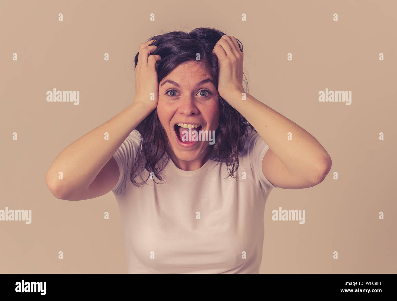 Human emotions and expressions. Portrait of beautiful shocked woman ...