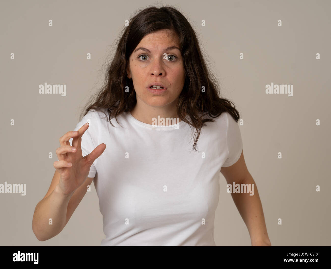 Human emotions and expressions. Portrait of beautiful shocked woman ...