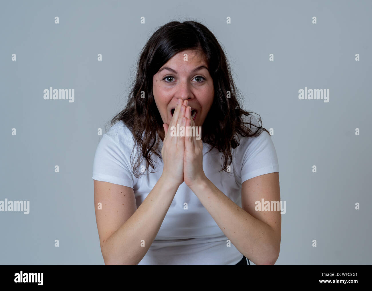 Human emotions and expressions. Portrait of beautiful shocked woman ...