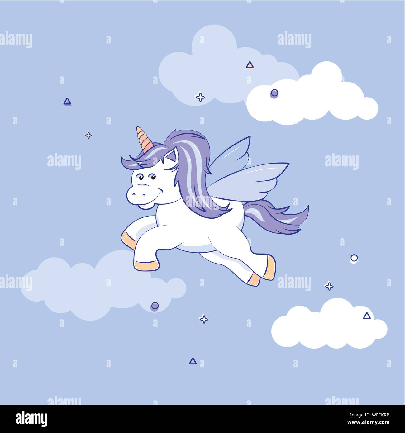 A cute winged unicorn, with blue and mauve mane, flying against a pale ...