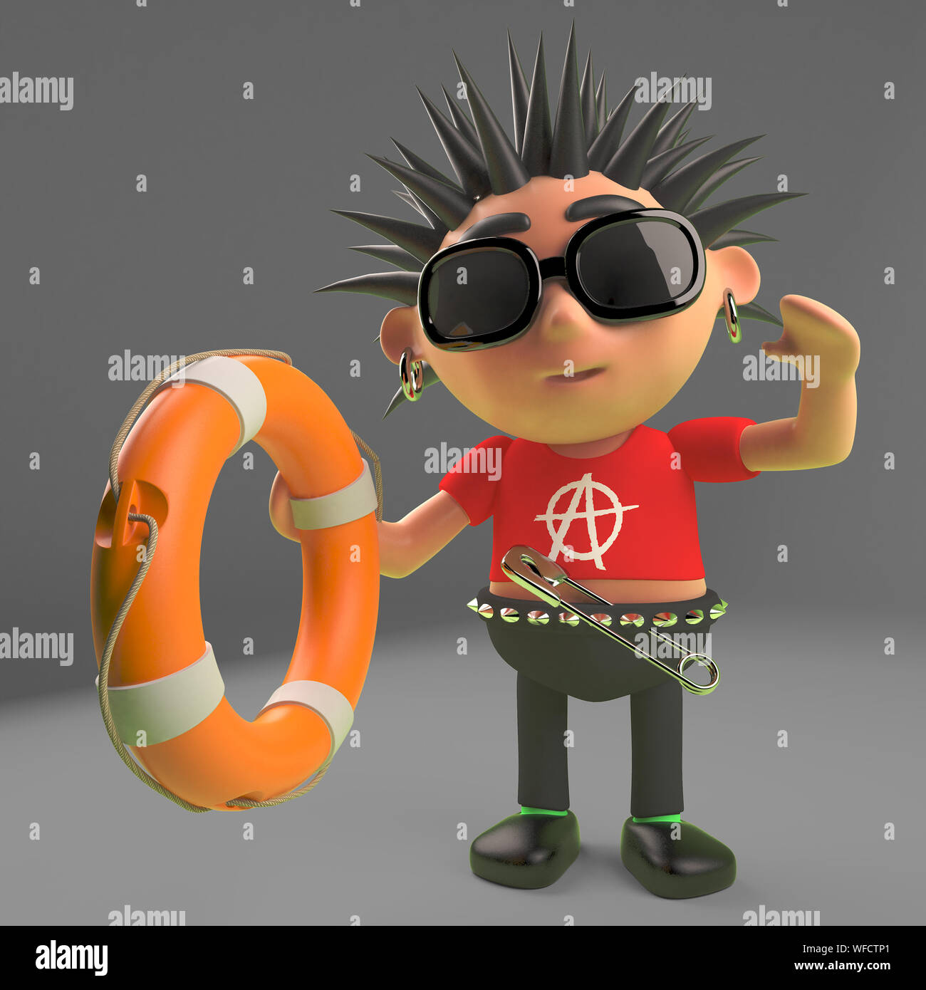 Heroic punk rock kid offers a life preserver, 3d illustration render ...