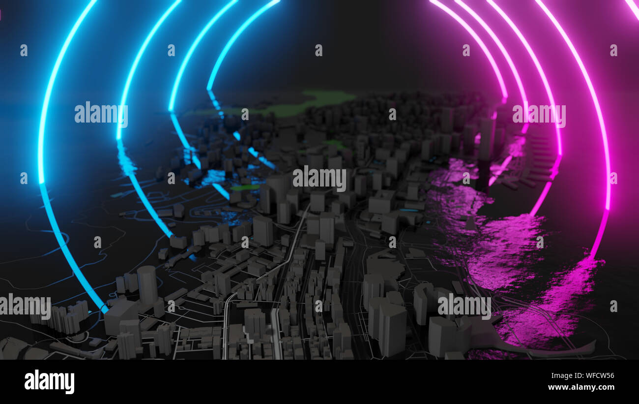 Futuristic night city. Cityscape with bright and glowing neon purple ...