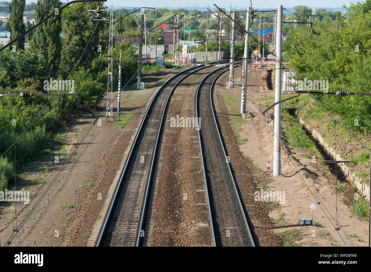 long railroad tracks with landscape, top view Stock Photo - Alamy