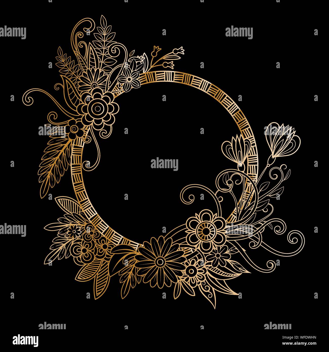 Golden floral frame template. Flowers and plants round frame. Design ...