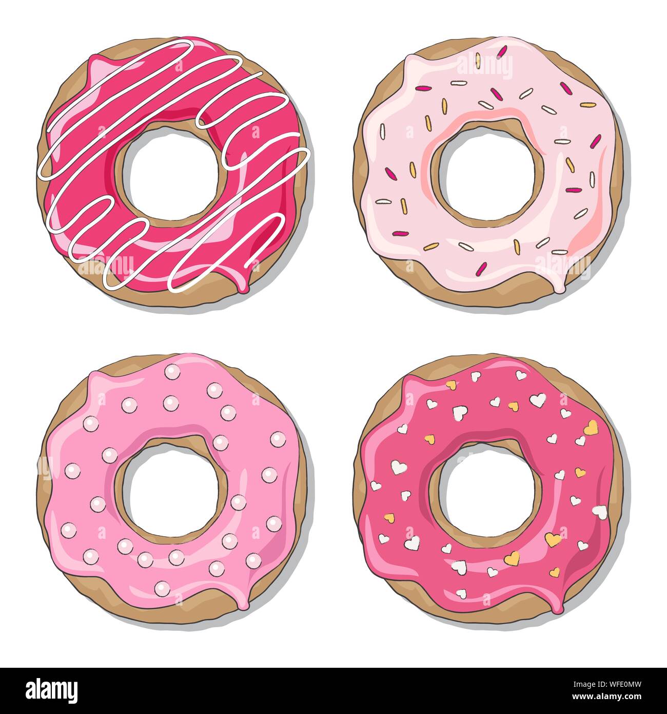 Four ring donuts over white background, decorated for Valentine's Day ...