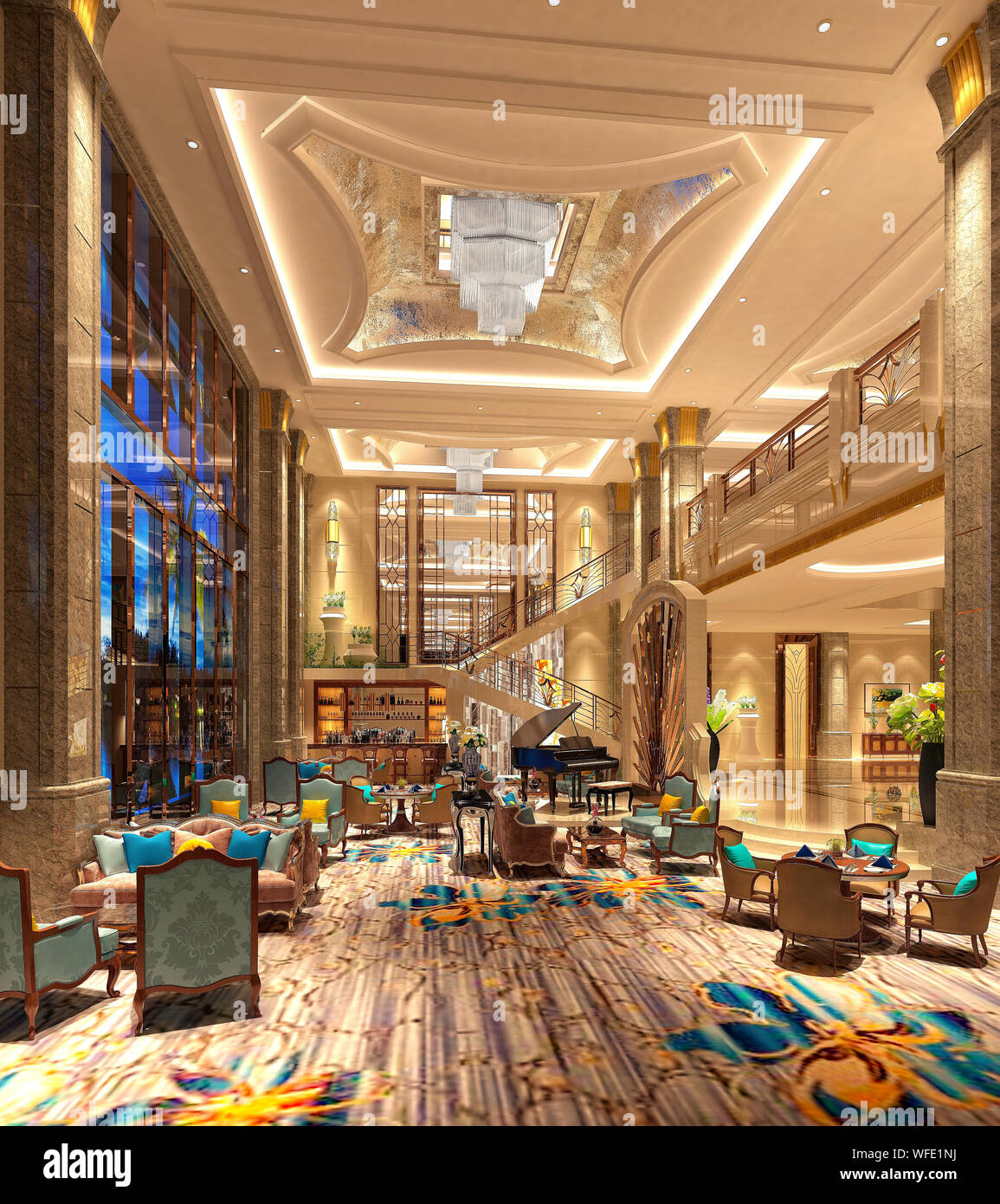 3d render luxury hotel reception hall lobby Stock Photo - Alamy