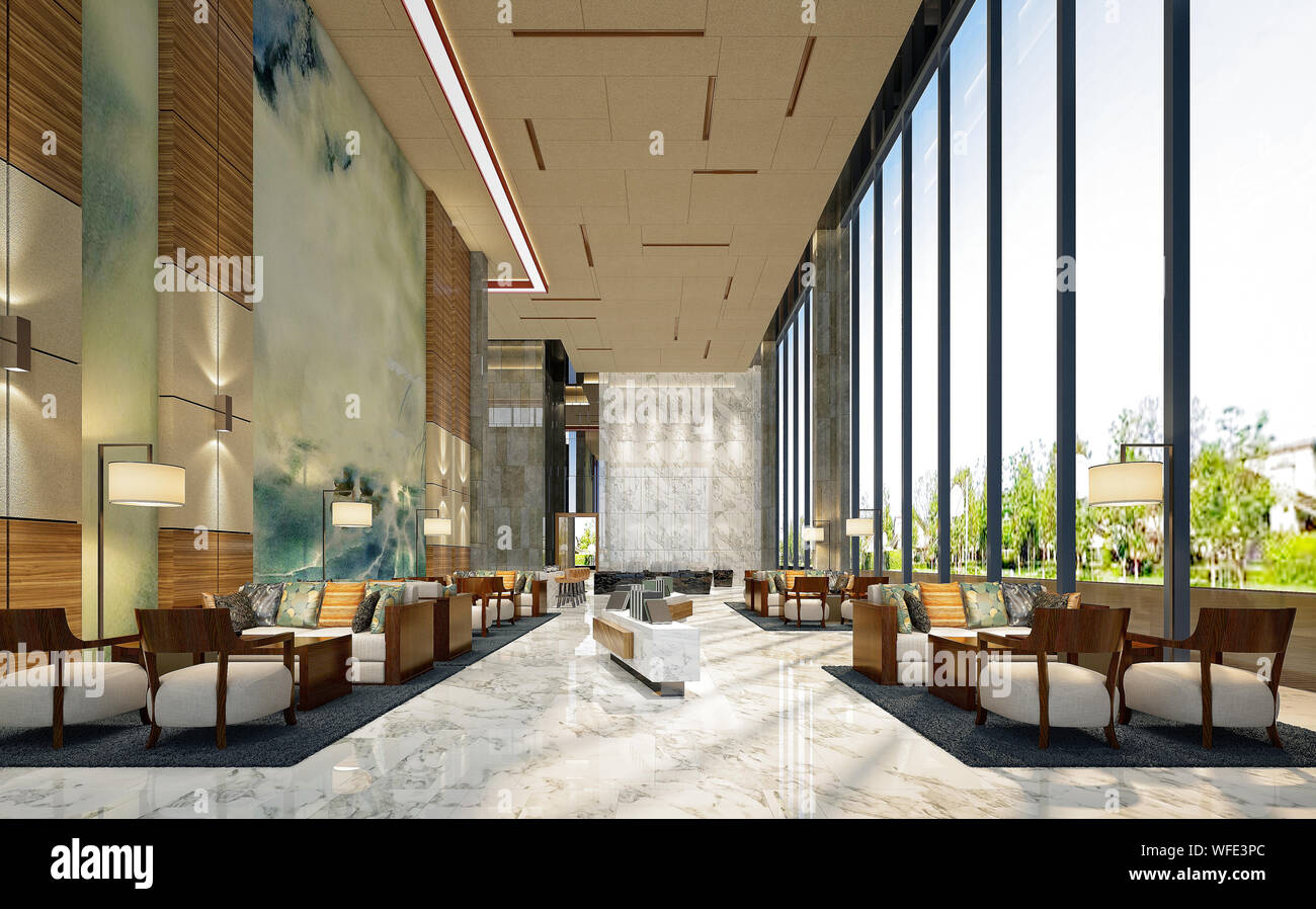 3d render luxury hotel reception hall lobby Stock Photo - Alamy