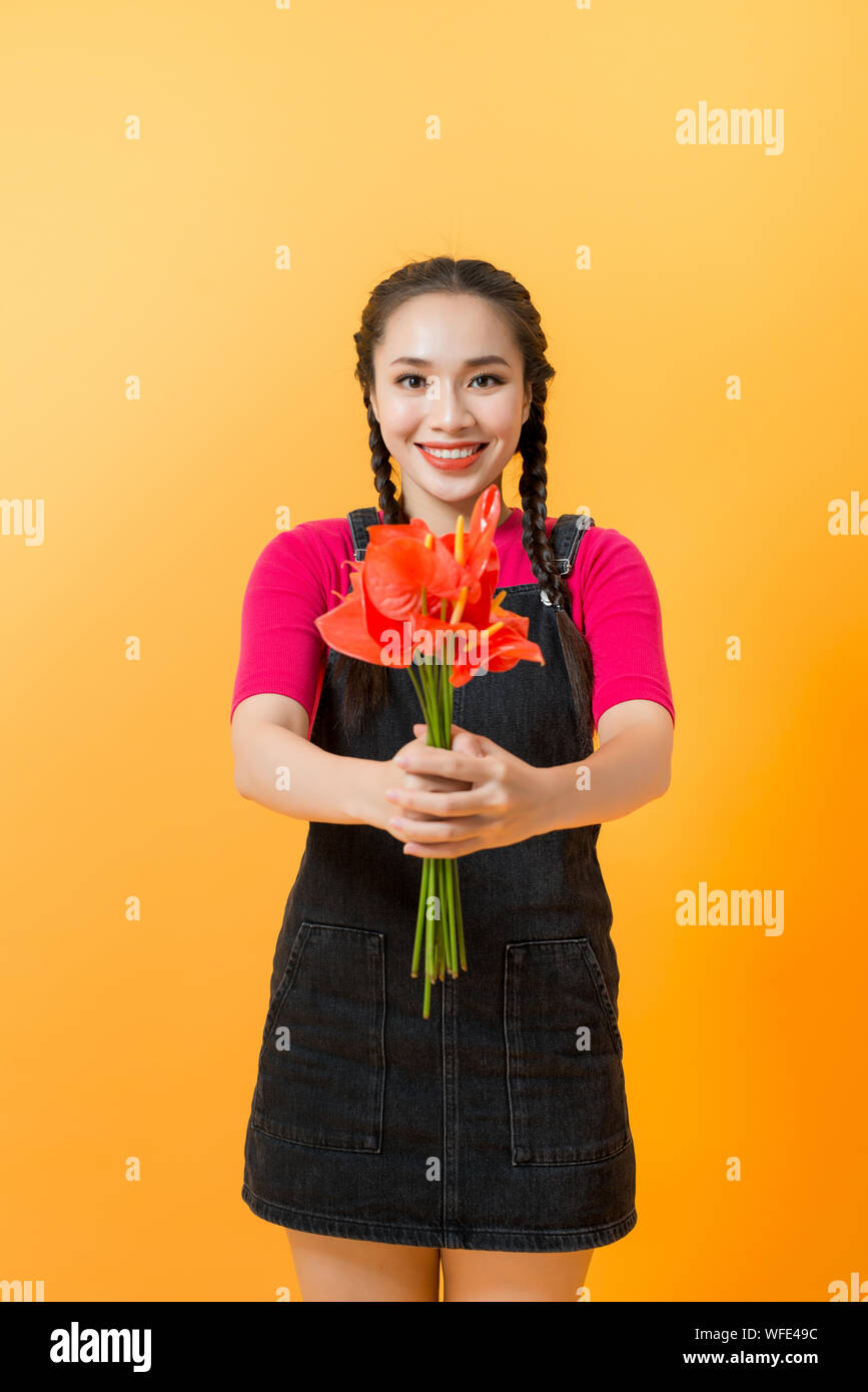 Beauty woman Asian cute girl feel happy holding bouquet of flowers on ...