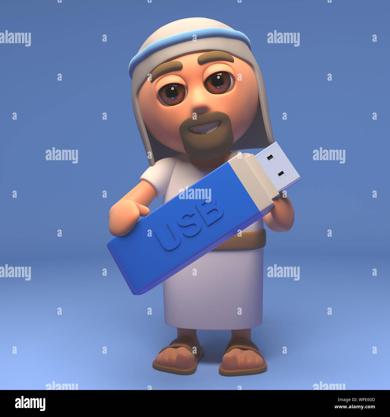 Cartoon Jesus Christ keeps data safe on a USB thumb drive device, 3d ...