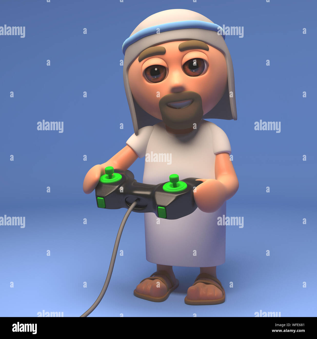 Cartoon Holy Jesus Christ playing a videogame, 3d illustration render ...