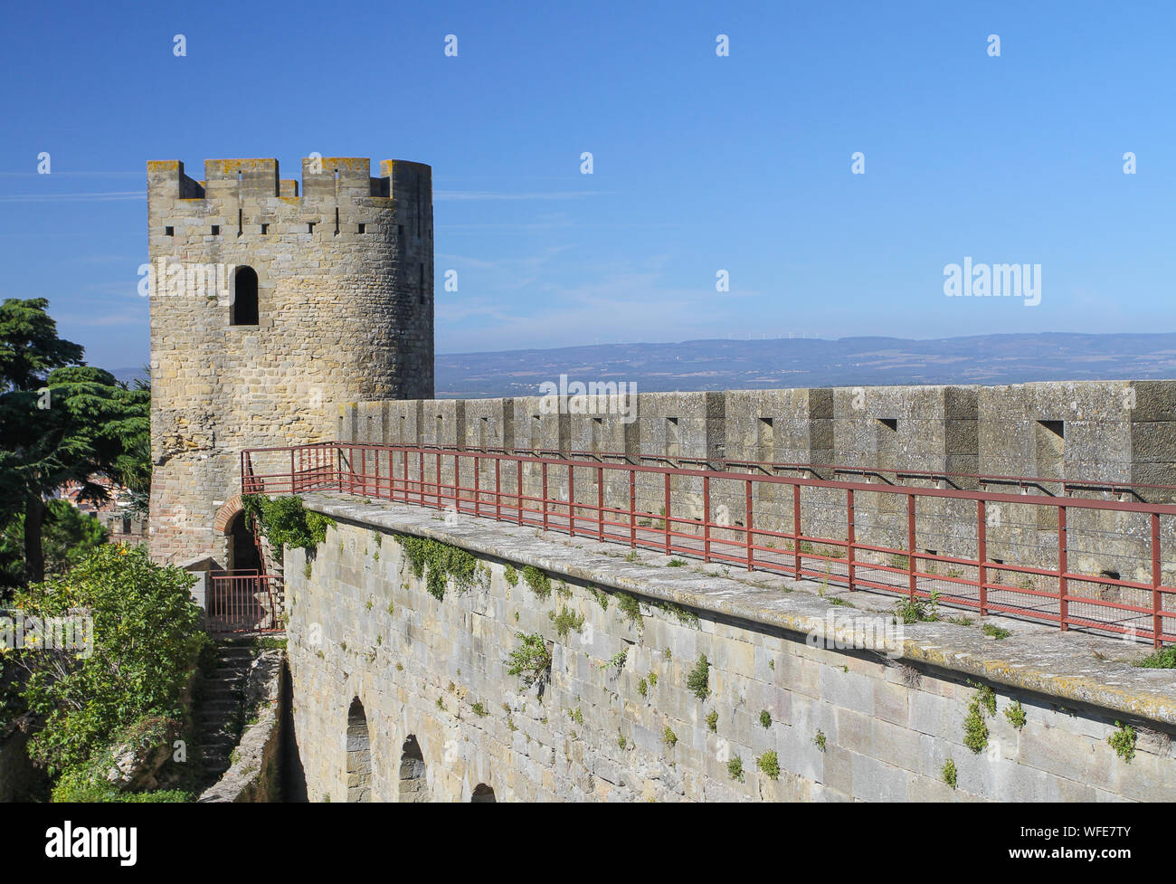 Carcassonne, France. Walkway on top of historic crenellated battlements ...